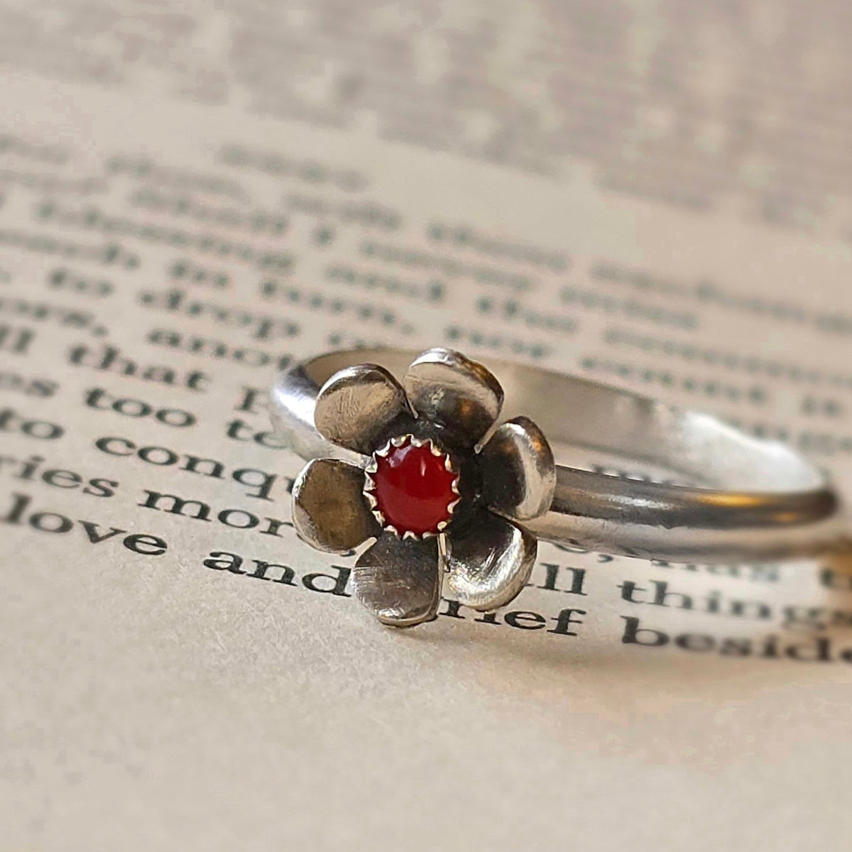 Gemstone Flower Ring with Coral in Sterling Silver | Bonfire Jewelry Design