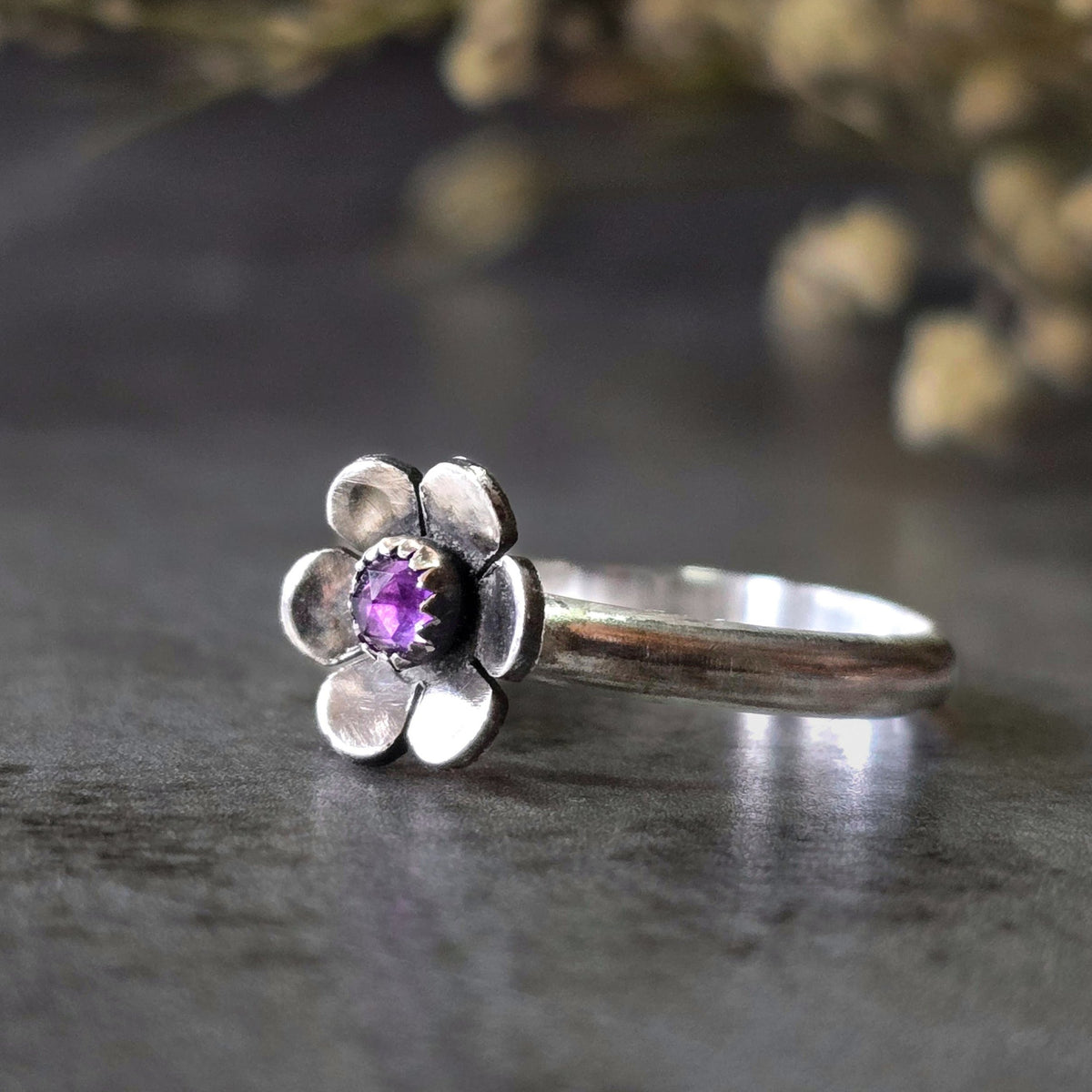 Gemstone Flower Ring with Amethyst in Sterling Silver | Bonfire Jewelry ...